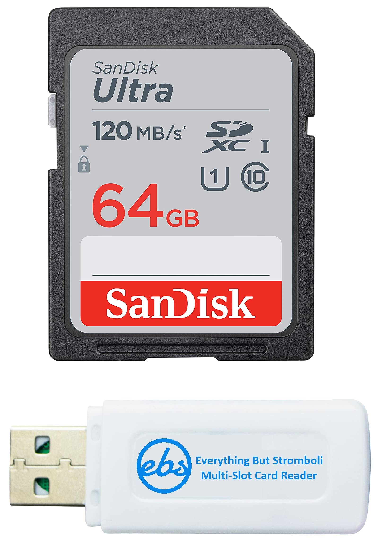 SanDisk 64GB SDXC SD Ultra Memory Card Works with Nikon Coolpix A900, A100, P1000, W100, W300, B700 Digital Camera (SDSDUN4-064G-GN6IN) Bundle with (1) Everything But Stromboli Card Reader