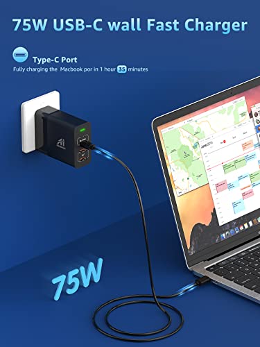 USB C Charger, 75W iPhone Fast Charger Block, Dual PD3.0 & QC3.0 Super Fast Wall Charger, PPS Type c Charger Fast Charging,Travel Power Adapter Compatible MacBook Pro/Air/iPad/iPhone14/Galaxy S22/S21