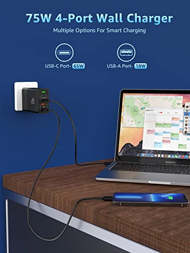 USB C Charger, 75W iPhone Fast Charger Block, Dual PD3.0 & QC3.0 Super Fast Wall Charger, PPS Type c Charger Fast Charging,Travel Power Adapter Compatible MacBook Pro/Air/iPad/iPhone14/Galaxy S22/S21