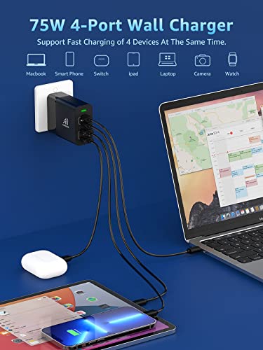 USB C Charger, 75W iPhone Fast Charger Block, Dual PD3.0 & QC3.0 Super Fast Wall Charger, PPS Type c Charger Fast Charging,Travel Power Adapter Compatible MacBook Pro/Air/iPad/iPhone14/Galaxy S22/S21