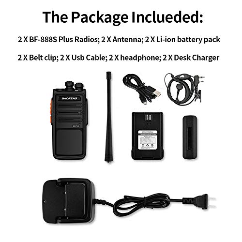 BAOFENG Walkie Talkies Long Range BF-888S Plus Rechargeable 1500mAh Li-ion All Day Working, USB Cable Charging Portable Two Way Radio with Earpieces and Mic(2 Pack)