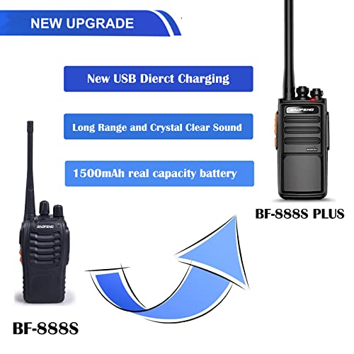 BAOFENG Walkie Talkies Long Range BF-888S Plus Rechargeable 1500mAh Li-ion All Day Working, USB Cable Charging Portable Two Way Radio with Earpieces and Mic(2 Pack)