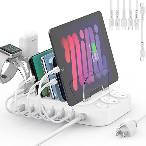 SooPii 70W 6 Port USB Charging Station for Multiple Devices With 2 AC Outlets,4 USB-A Ports and 2 USB C PD Ports,6pcs Mixed Charging Cables Included,Compatible for Tablets,Phones and Other Electronics