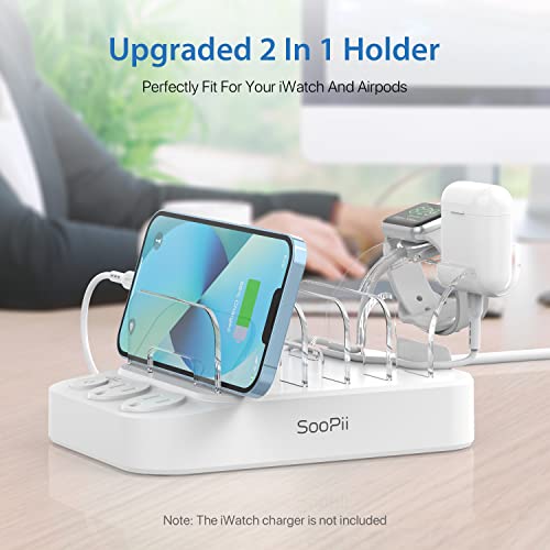 SooPii 70W 6 Port USB Charging Station for Multiple Devices With 2 AC Outlets,4 USB-A Ports and 2 USB C PD Ports,6pcs Mixed Charging Cables Included,Compatible for Tablets,Phones and Other Electronics