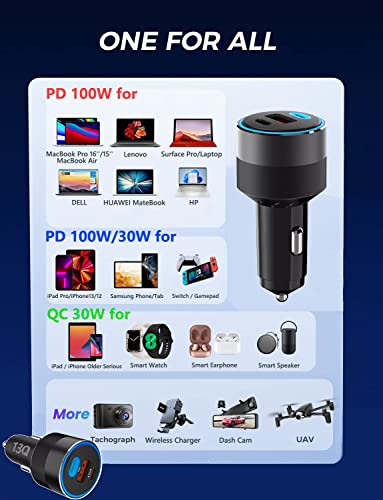 130W USB C Car Fast Charger,3-Port PD 100W PPS 45W QC3.0 30W Super Fast Charging Cigarette Lighter for MacBook Pro Air M1 Laptop iPhone 14 13 12 Pro Max Samsung S22 S21Ultra (with 100W USB C Cable)