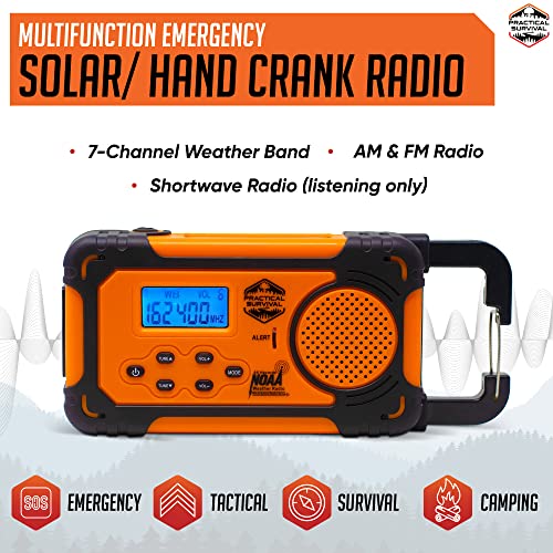 Emergency NOAA Weather Radio with AM/FM and Shortwave Radio Bands: Hand Crank, Solar or Battery Powered, Portable Power Bank, Solar Charger & Flashlight - Rechargeable, Headphone Jack and More!