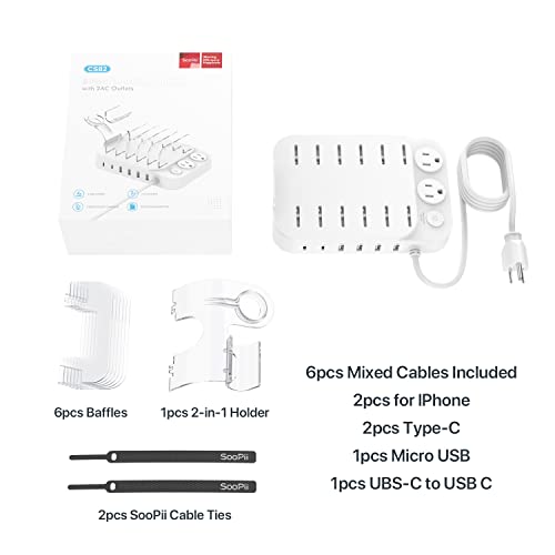 SooPii 70W 6 Port USB Charging Station for Multiple Devices With 2 AC Outlets,4 USB-A Ports and 2 USB C PD Ports,6pcs Mixed Charging Cables Included,Compatible for Tablets,Phones and Other Electronics