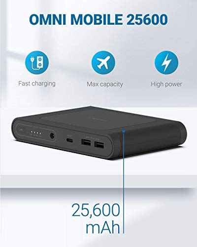 Omni Mobile 25600mah DC/USB-C PD/USB-A/Wireless Power Bank | Battery Backup for Laptops:MacBook/iPad/Dell XPS/Surface | Smart Devices:Nintendo Switch/GoPro | Resmed CPAP | Smartphones:iPhone/Samsung