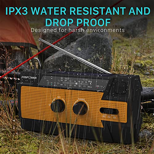 FosPower 4000mAh NOAA Emergency Weather Radio (Model A3) Portable Power Bank, Solar Charging, Hand Crank & Battery Operated, SOS Alarm, Motion Sensor Setting, AM/FM & Flashlight for Outdoor Emergency