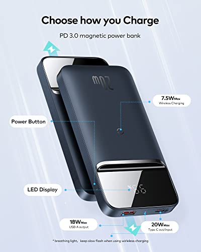 Baseus Magsafe Battery Pack, Wireless Portable Charger Stronger Magnetic for iPhone 14/13/12 Series, PD 20W Fast Charging Wired Power Bank for iPhone Magsafe Accessories