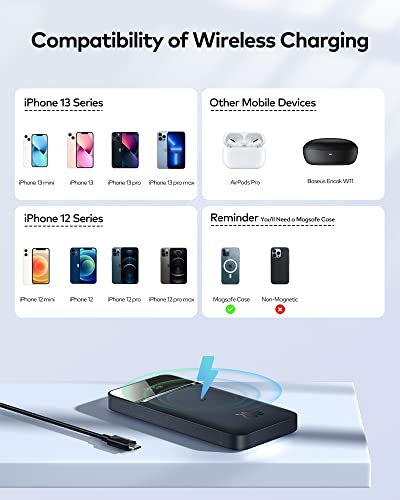Baseus Magsafe Battery Pack, Wireless Portable Charger Stronger Magnetic for iPhone 14/13/12 Series, PD 20W Fast Charging Wired Power Bank for iPhone Magsafe Accessories