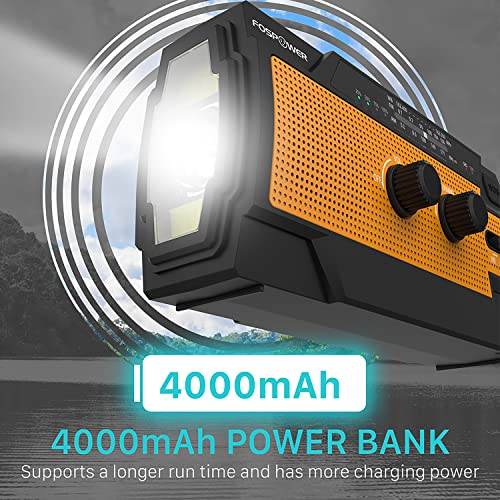FosPower 4000mAh NOAA Emergency Weather Radio (Model A3) Portable Power Bank, Solar Charging, Hand Crank & Battery Operated, SOS Alarm, Motion Sensor Setting, AM/FM & Flashlight for Outdoor Emergency