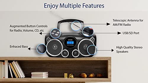 RIPTUNES Portable CD Player Bluetooth Stereo Sound System Digital AM FM Radio, MP3 CD Boombox USB SD PALYBACK with Enhanced Bass, Aux in, Headphone Jack, CD-R/CD-RW Compatible LCD CLOCK Display, Black