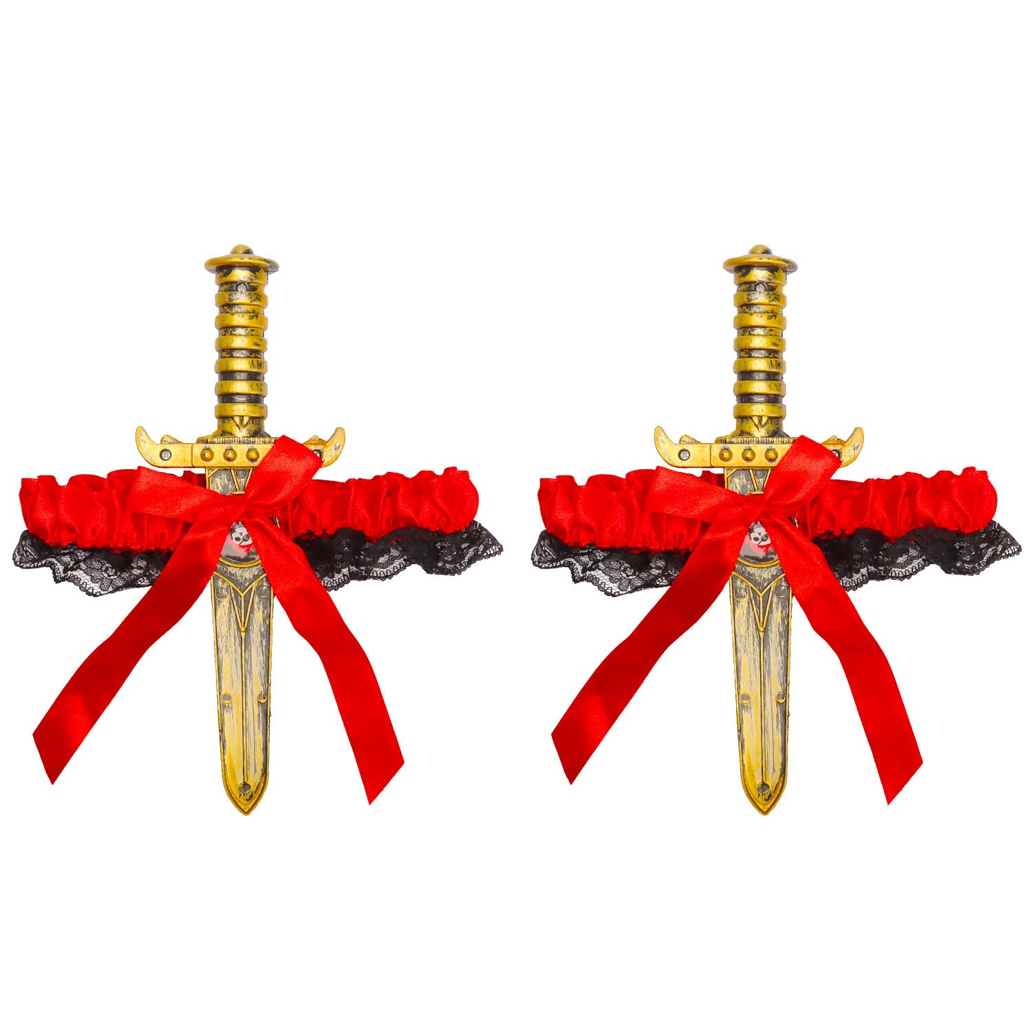 2 Pcs Bow Garter with Pirate Dagger Lace Bow Leg Ring Sword Leg Holster for Halloween Carnival Dress Up Props Women Girls Favor,Red