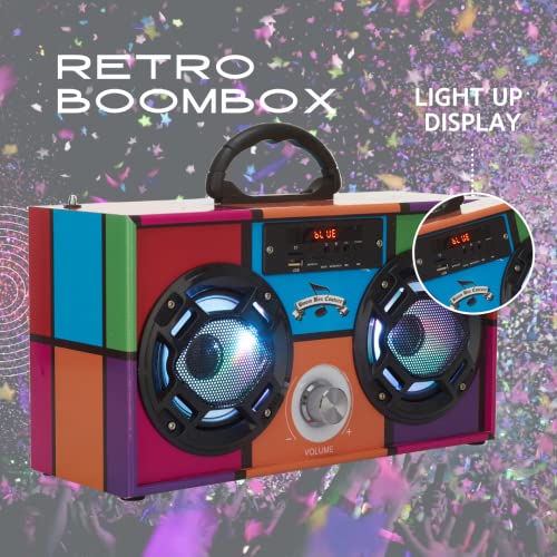 Wireless Express - Mini Boombox with LED Speakers β Retro Bluetooth Speaker w/Enhanced FM Radio - Perfect for Home and Outdoor (Retro)