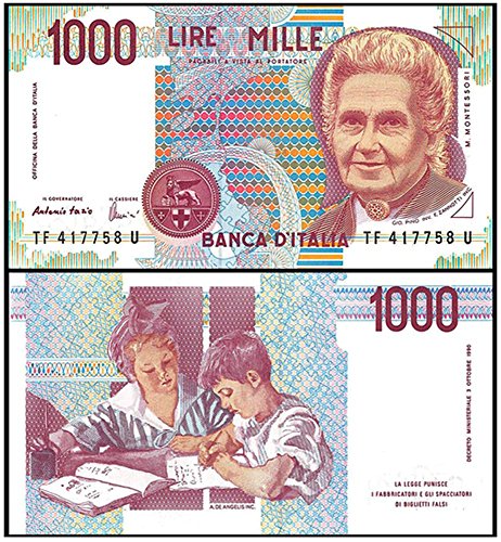 1990 No Mint Mark GEM UNCIRC ITALY 1000 LIRE BILL w FOUNDER OF MONTESSORI SCHOOLS! OUT OF PRINT 33 YEARS! BEAUTIFUL NOTE! 1000 LIRE Seller Germ Crisp Uncirculated
