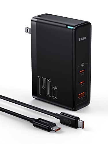 Baseus USB C Charger, 140W Wall Charger PD 3.1 with 3.3ft USB C to C Cable, 3-Port GaN5 Charger for Laptops, iPad, iPhone 14/13 Series, Galaxy, MacBook Pro 16'', Steam Deck, Black