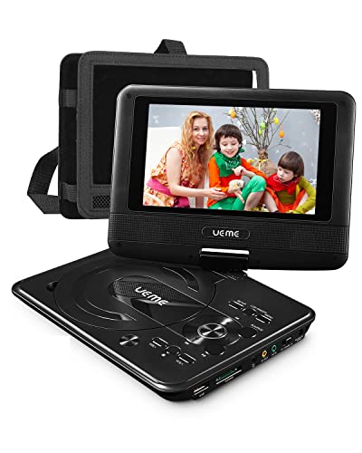 UEME Mini DVD Player for Kids with 7 inches Swivel Screen and Internal Rechargeable Battery, Support DVD CD USB SD Card, with Car Headrest Mount Holder, Region Free