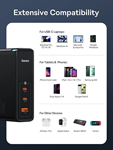 Baseus USB C Charger, 140W Wall Charger PD 3.1 with 3.3ft USB C to C Cable, 3-Port GaN5 Charger for Laptops, iPad, iPhone 14/13 Series, Galaxy, MacBook Pro 16'', Steam Deck, Black