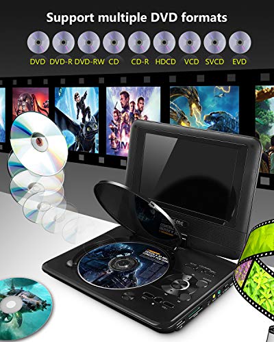 UEME Mini DVD Player for Kids with 7 inches Swivel Screen and Internal Rechargeable Battery, Support DVD CD USB SD Card, with Car Headrest Mount Holder, Region Free
