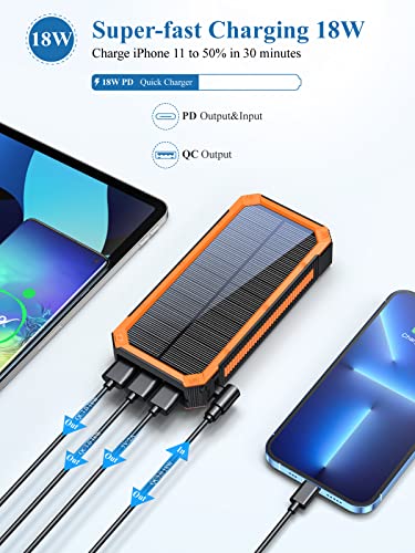 Ffnpua Solar Power Bank, Portable Charger 30000mAh PD 18W QC3.0 Fast Charging with USB Type C 4 Outputs Dual Inputs, Battery Pack with IP55 Waterproof Bright Flashlight for iPhone Android Cell Phones
