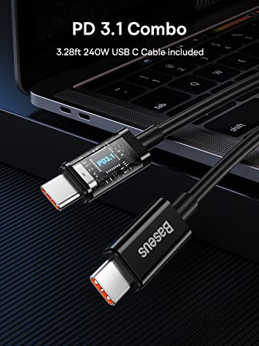 Baseus USB C Charger, 140W Wall Charger PD 3.1 with 3.3ft USB C to C Cable, 3-Port GaN5 Charger for Laptops, iPad, iPhone 14/13 Series, Galaxy, MacBook Pro 16'', Steam Deck, Black