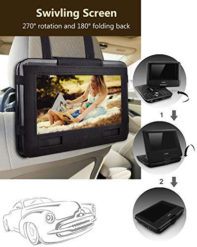 UEME Mini DVD Player for Kids with 7 inches Swivel Screen and Internal Rechargeable Battery, Support DVD CD USB SD Card, with Car Headrest Mount Holder, Region Free