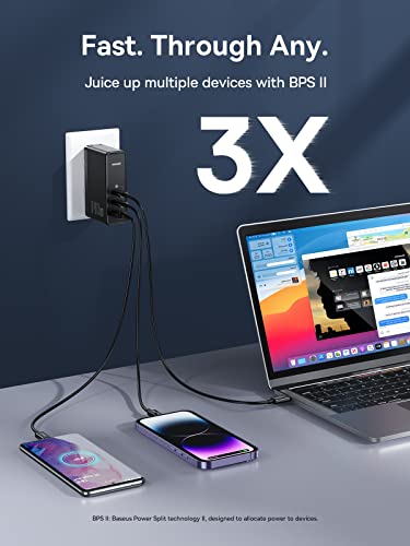 Baseus USB C Charger, 140W Wall Charger PD 3.1 with 3.3ft USB C to C Cable, 3-Port GaN5 Charger for Laptops, iPad, iPhone 14/13 Series, Galaxy, MacBook Pro 16'', Steam Deck, Black