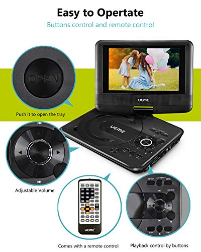 UEME Mini DVD Player for Kids with 7 inches Swivel Screen and Internal Rechargeable Battery, Support DVD CD USB SD Card, with Car Headrest Mount Holder, Region Free