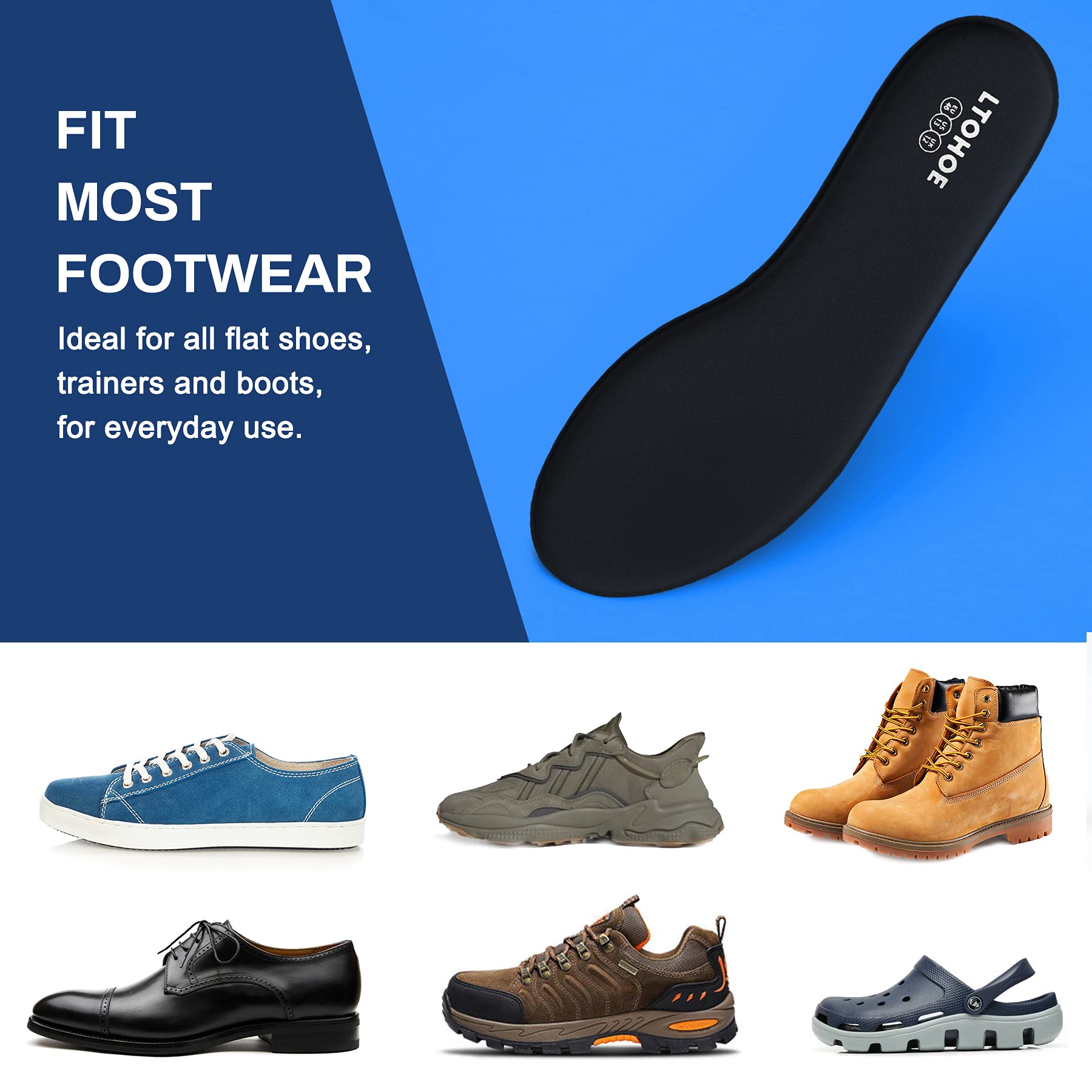 Memory Foam Insoles for Men, Replacement Shoe Inserts for Work Boot, Running Shoes, Hiking Shoes, Sneaker, Cushion Shoe Insoles for Foot Pain Relief, Comfort Inner Soles 8mm Black US 11