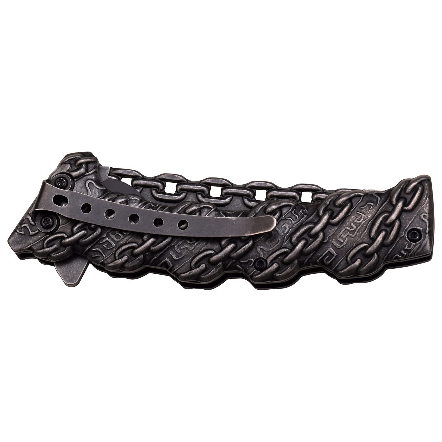 Tac-Force- Folding Pocket Knife –Stonewashed Finish Stainless Steel Blade and Handle with Sculpted Chain Link Design, Includes Pocket Clip, Tactical, EDC, Rescue - TF-859