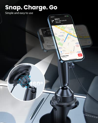 EXELIQ Magnetic Wireless Car Mount Charger, Tri-Pivot Cup Holder Charger Mount with Heat Dissipation System, Fast Magsafe Charging Holder for iPhone 14 13 Pro Max Mini [with QC 3.0 Adapter]