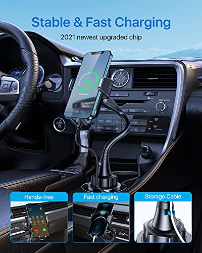 [Fast Charging] andobil 15in Wireless Car Charger, [Upgraded Secure Chip] Qi Car Cup Phone Mount with Adapter Adjustable Gooseneck Cup Holder Charger Compatible with iPhone 14 13 12 Pro Max S22 S21