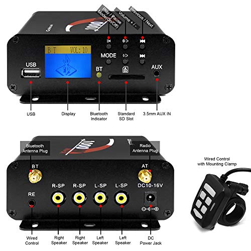 GoHawk TJ4-Q 1000W 4 Channel Amplifier 4" Full Range Waterproof Bluetooth Motorcycle Stereo Speakers Audio System AUX USB SD Radio for 1-1.5" Handlebar Harley Touring Cruiser ATV
