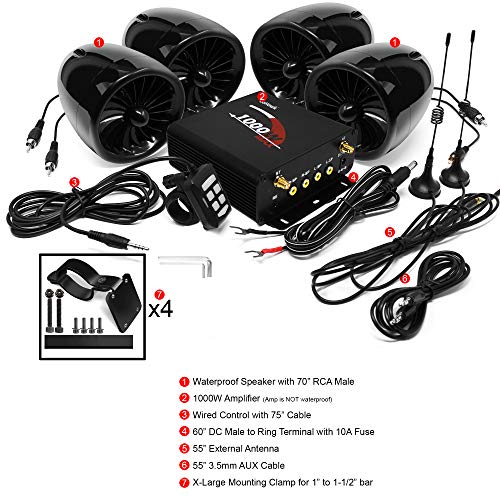 GoHawk TJ4-Q 1000W 4 Channel Amplifier 4" Full Range Waterproof Bluetooth Motorcycle Stereo Speakers Audio System AUX USB SD Radio for 1-1.5" Handlebar Harley Touring Cruiser ATV
