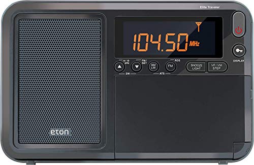 Eton - Elite Traveler AM/FM/LW/Shortwave Radio with RDS & Custom Leather Carry Cover, 500 Station Memory, Sleep Timer, Local/World Time Setting, Snooze Function, Orange LCD Display, Earphone Jack
