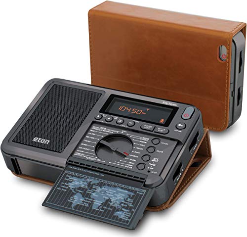 Eton - Elite Traveler AM/FM/LW/Shortwave Radio with RDS & Custom Leather Carry Cover, 500 Station Memory, Sleep Timer, Local/World Time Setting, Snooze Function, Orange LCD Display, Earphone Jack