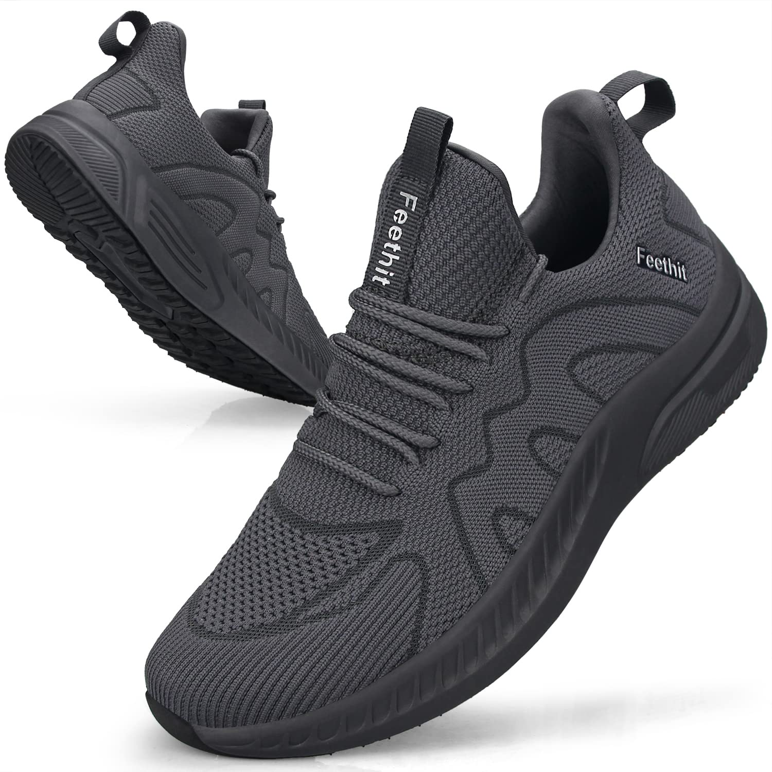 Feethit Mens Non Slip Running Shoes Lightweight Breathable Slip on Walking Tennis Shoes Casual Comfortable Sneakers Dark Gray 12