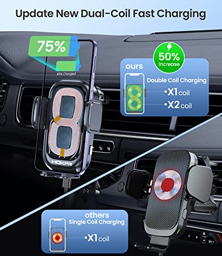 MOKPR Dual Coils Wireless Car Charger, [2023 Upgraded ] 15W Car Phone Fast Charging Mount, Dash Windshield Air Vent Wireless Auto-Clamping Phone Holder for Samsung Z Flip 4 3, iPhone 14 13 12 11 etc