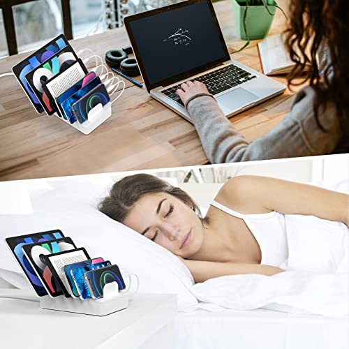 ZXSWONLY Charging Station for Multiple Devices, 50W 6 Ports USB Charging Station Organizer with 6 Cables Compatible with Cellphone, Tablet, Kindle, and Other Electronic (White)