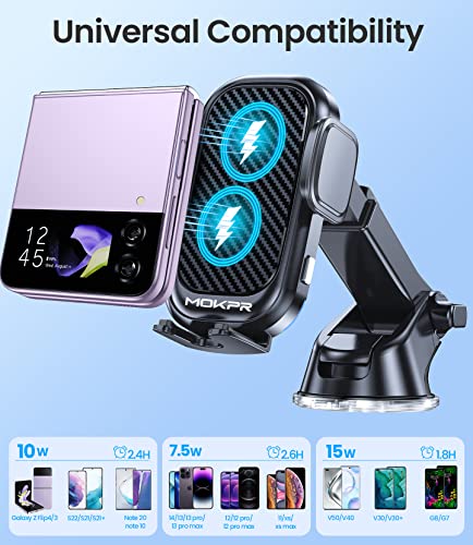 MOKPR Dual Coils Wireless Car Charger, [2023 Upgraded ] 15W Car Phone Fast Charging Mount, Dash Windshield Air Vent Wireless Auto-Clamping Phone Holder for Samsung Z Flip 4 3, iPhone 14 13 12 11 etc