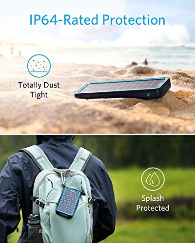 Anker PowerCore Solar 10000, 15W Power Bank 10,000 mAh with Dual Ports, Flashlight, IP64 Splash Proof and Dustproof for Outdoor Activities, Compatible with Smartphones and Other Devices