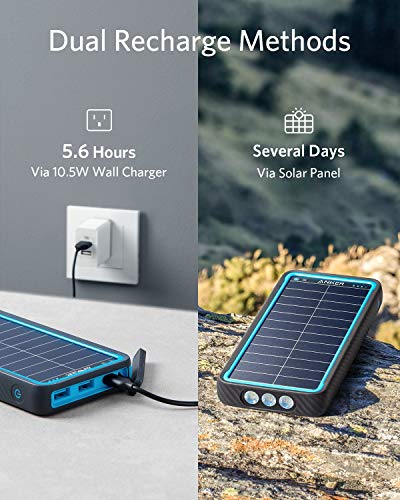 Anker PowerCore Solar 10000, 15W Power Bank 10,000 mAh with Dual Ports, Flashlight, IP64 Splash Proof and Dustproof for Outdoor Activities, Compatible with Smartphones and Other Devices