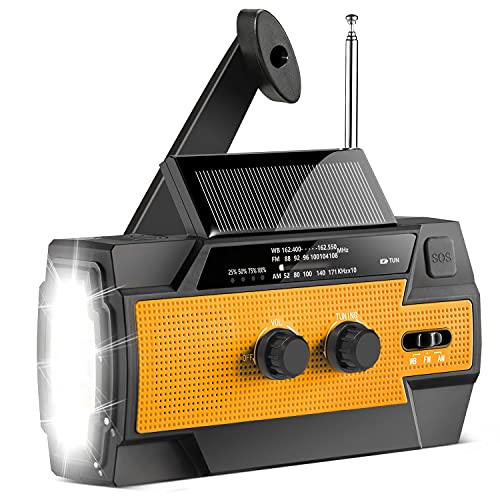 6000mAh NOAA Emergency Weather Radio, Solar Hand Crank Portable NOAA Weather Radio with 1W Flashlight & Motion Sensor Reading Lamp,Cell Phone Charger, SOS Alarm, for Home and Emergency(Orange)