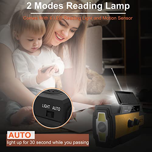 6000mAh NOAA Emergency Weather Radio, Solar Hand Crank Portable NOAA Weather Radio with 1W Flashlight & Motion Sensor Reading Lamp,Cell Phone Charger, SOS Alarm, for Home and Emergency(Orange)