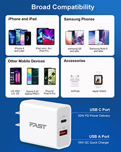 USB C Wall Charger Block, 20W 2Pack Dual Port USB-A USB-C Power Adapter Plug PD Fast Charging Block Cube Brick for iPhone 14/Pro Max/Plus/13/12/11/Mini, XS/XR/X/8/7/6, iPad Pro/Air, Google Pixel 7/6/5