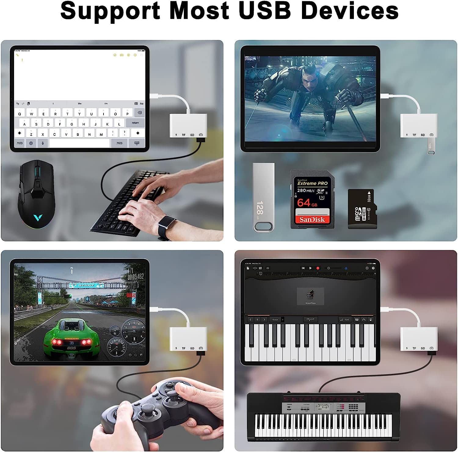 SD Card Reader Adapter for iPhone, Lightning to Camera Memory Card Reader, 4 in 1 iPhone Card Reader USB Camera Adapter, Lightning USB OTG Adapter TF Card Reader for iPhone 14/13/12/11/X/8/7/iPad
