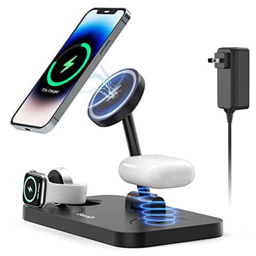 Mag Safe Charger Stand - Foldable 4 in 1 Magnetic Wireless Charging Station, Mag-Safe Travel Charger with 36W Adapter, Fast Charging Dock for Apple iPhone 14 13 12 Pro Max Mini Plus, iWatch, AirPods