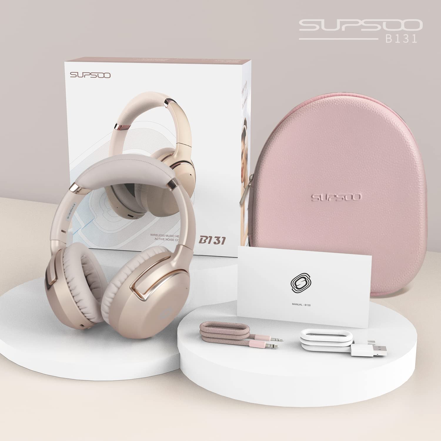 SUPSOO Headphones Wireless Bluetooth, Active Noise Cancelling Headphones Bass Headphone with Mic, 60 Hr Playtime, Stereo Sound, Over Ear PC Wireless Bluetooth Headset-Rose Gold