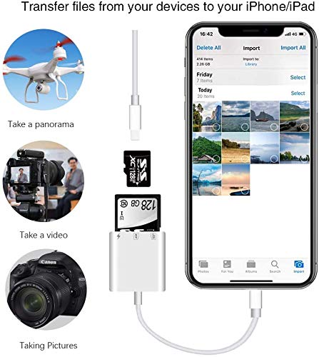 [Apple MFi Certified] Lightning to SD/Micro Card Reader for iPhone/iPad, 3 in 1 Memory Card Reader Adapter with Charging Port, Trail Game Camera SD Card Reader Viewer, No App Required Plug and Play